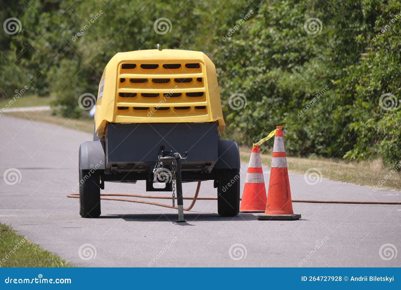 Yellow Jackhammer Machine with Compressor Trailer on Road Construction ...