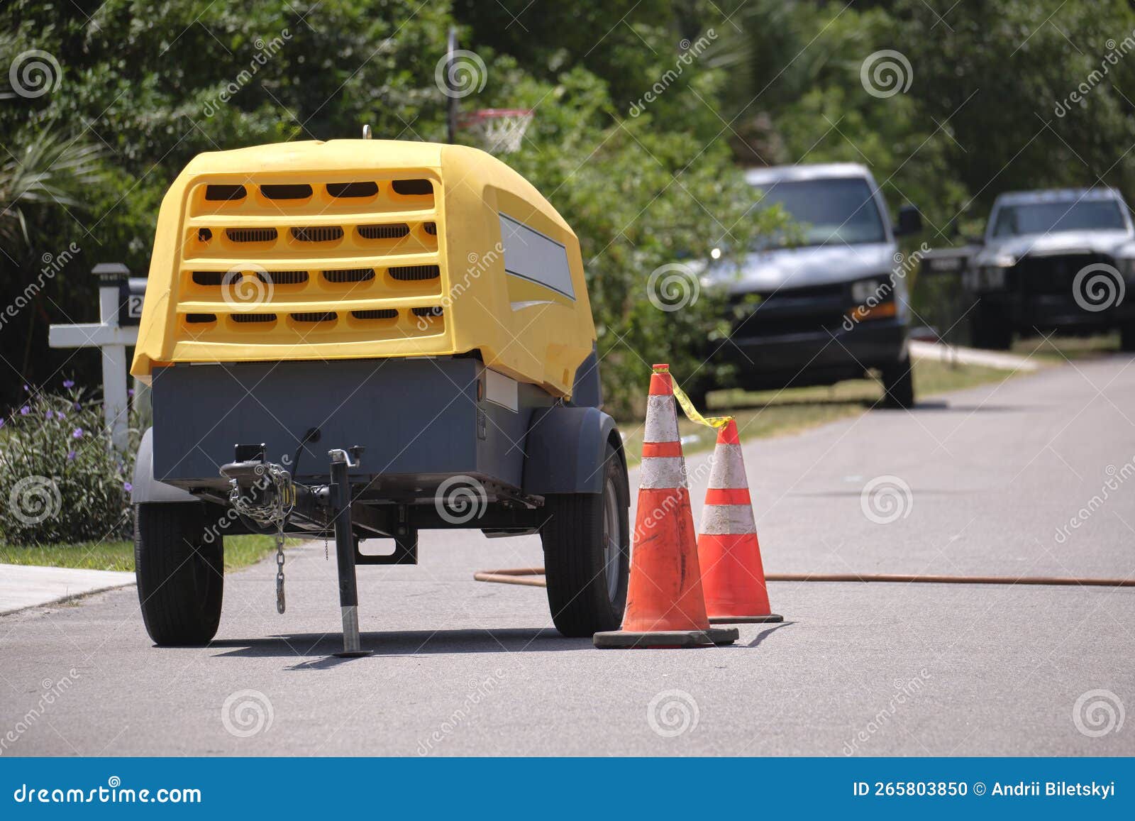 Yellow Jackhammer Machine with Compressor Trailer on Road Construction ...