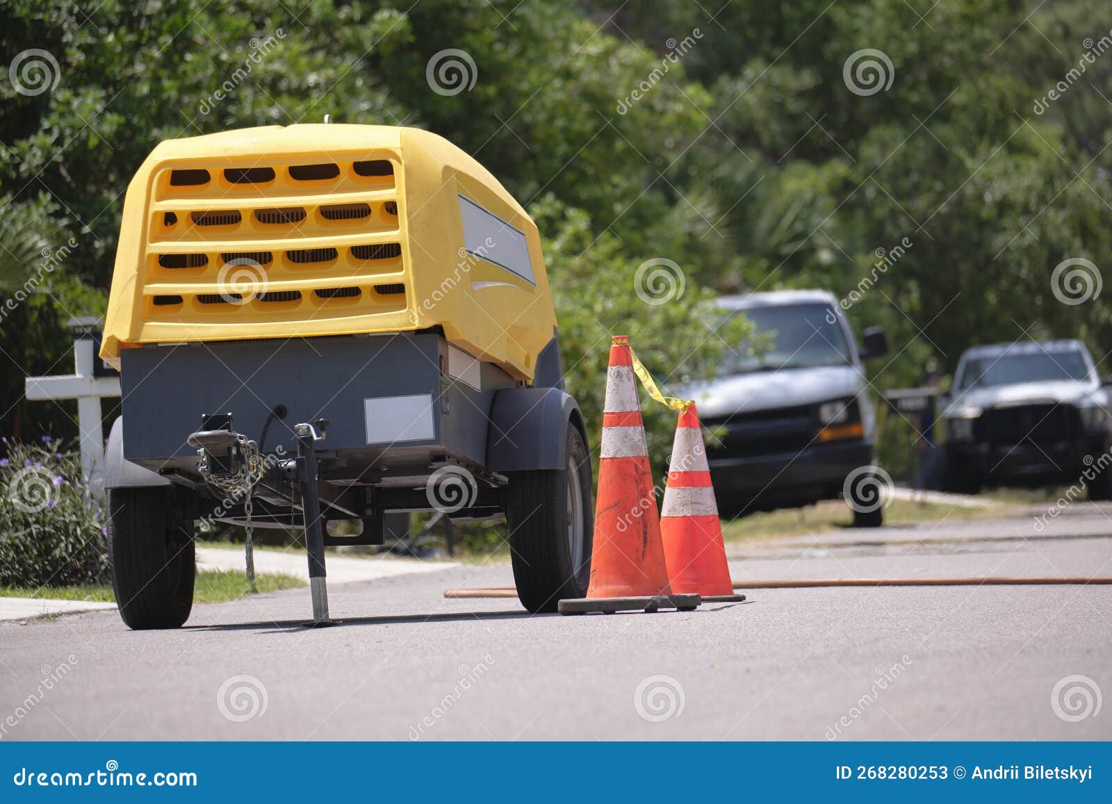 Yellow Jackhammer Machine with Compressor Trailer on Road Construction ...