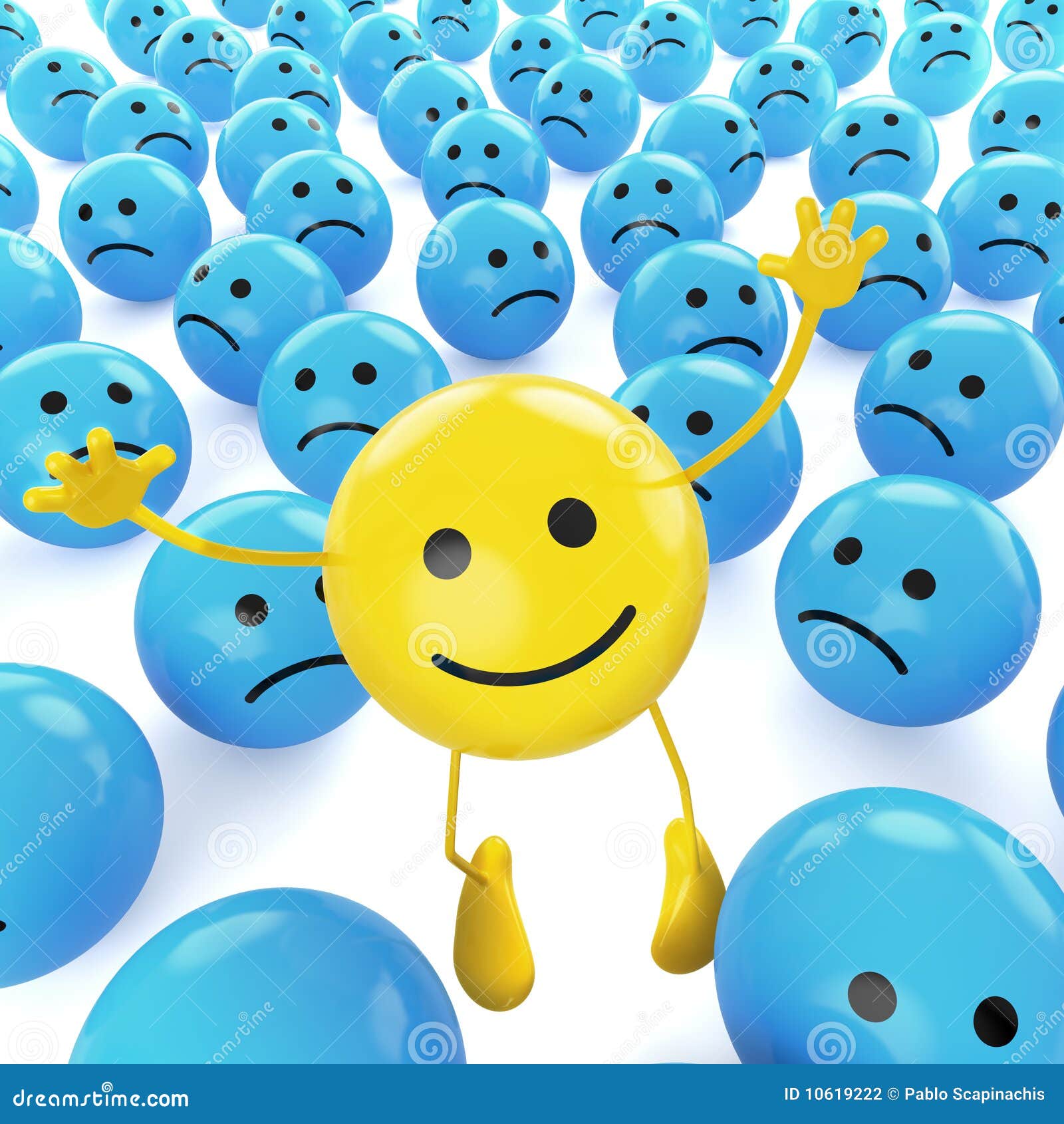 Yellow Jumping Smiley between Sad Stock Illustration - Illustration of ...