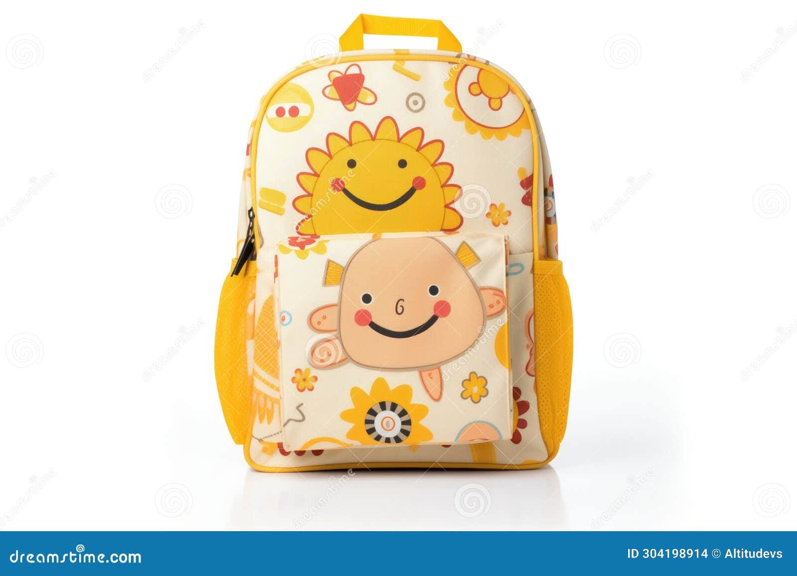 Yellow Kids Backpack with Cartoon Motifs, Front View, White Space Stock ...