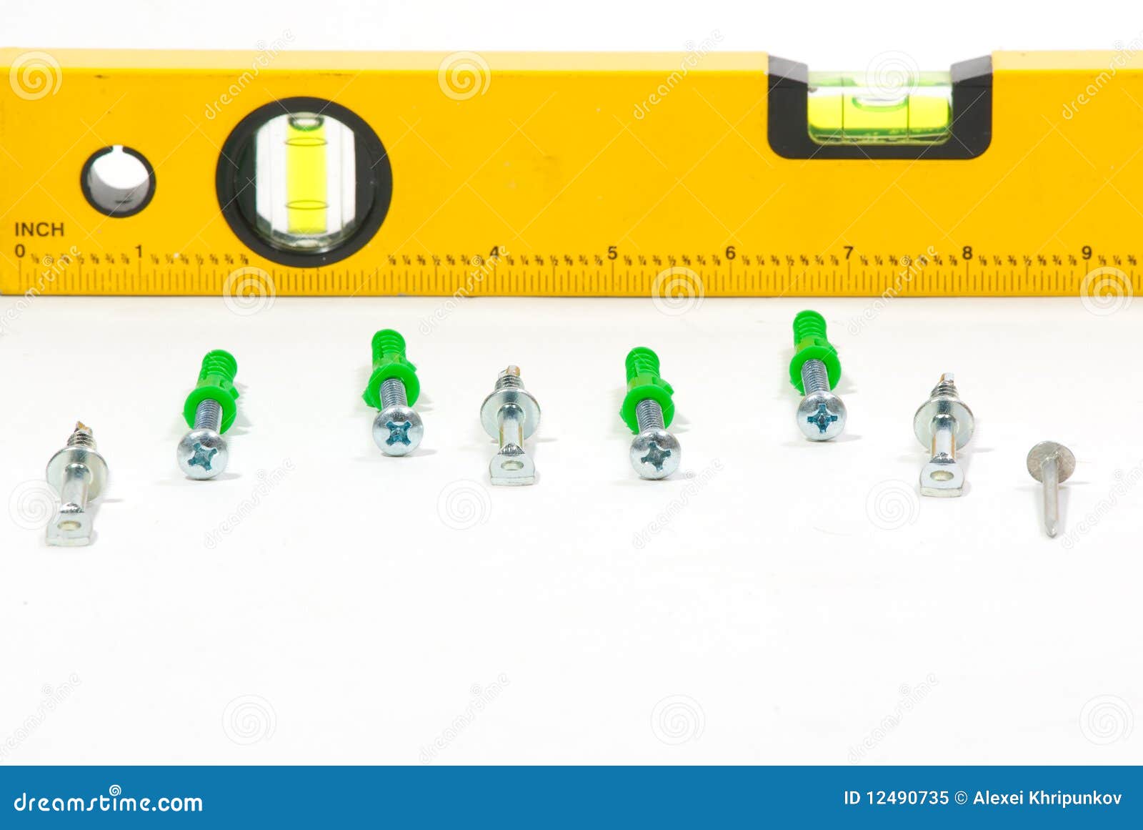 Yellow Level and Screws Isolated Stock Image - Image of inch, object ...