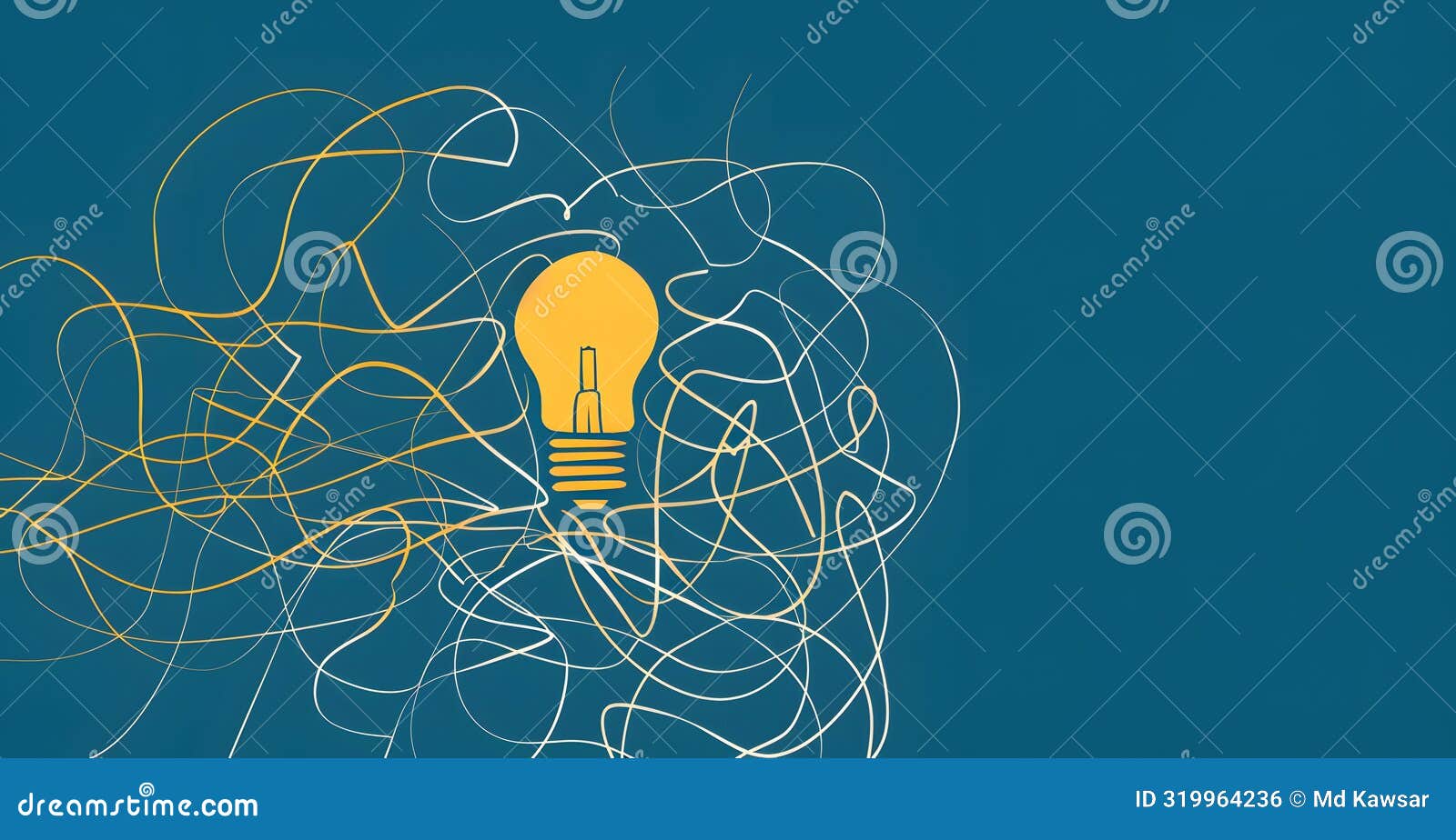 Yellow Light Bulb with Tangled Line on Blue Background Stock ...