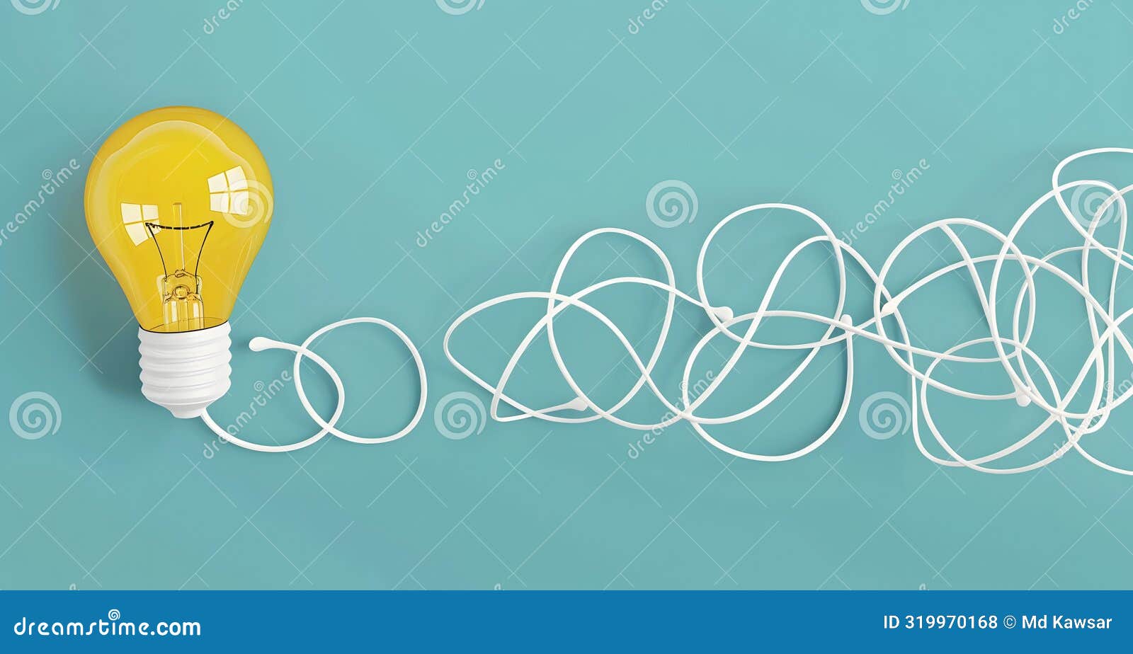 Yellow Light Bulb and Tangled Line on Blue Background Stock ...