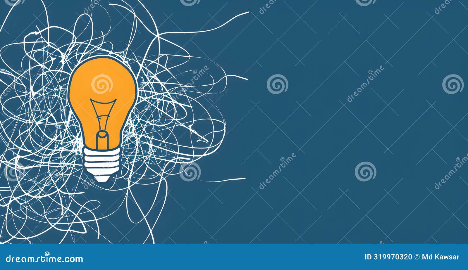 Yellow Light Bulb with Tangled Lines on Blue Background Stock ...