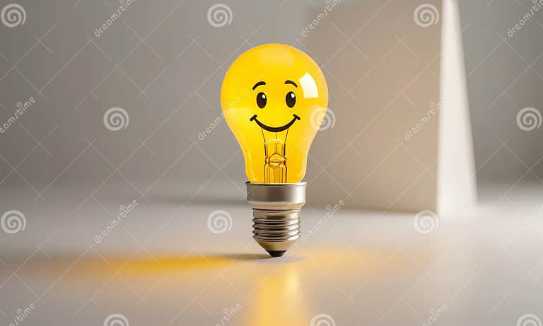 Yellow Lightbulb with Smiley Face is Centered on White Surface, Casting ...