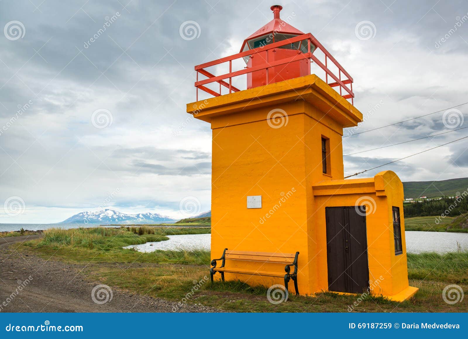 Yellow Lighthouse with Bench, Northern Iceland Stock Image - Image of ...