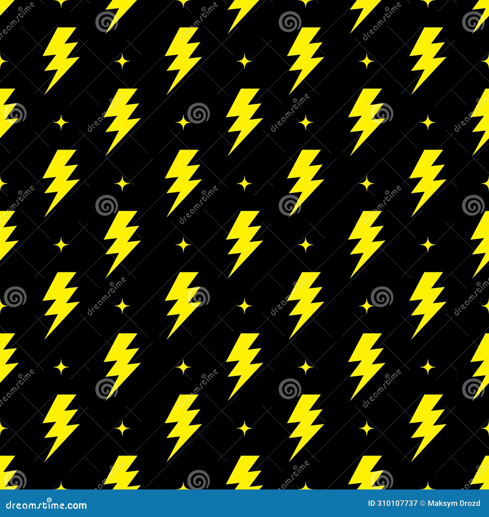 Yellow Lightning Bolt Vector Seamless Pattern on Black Background ...