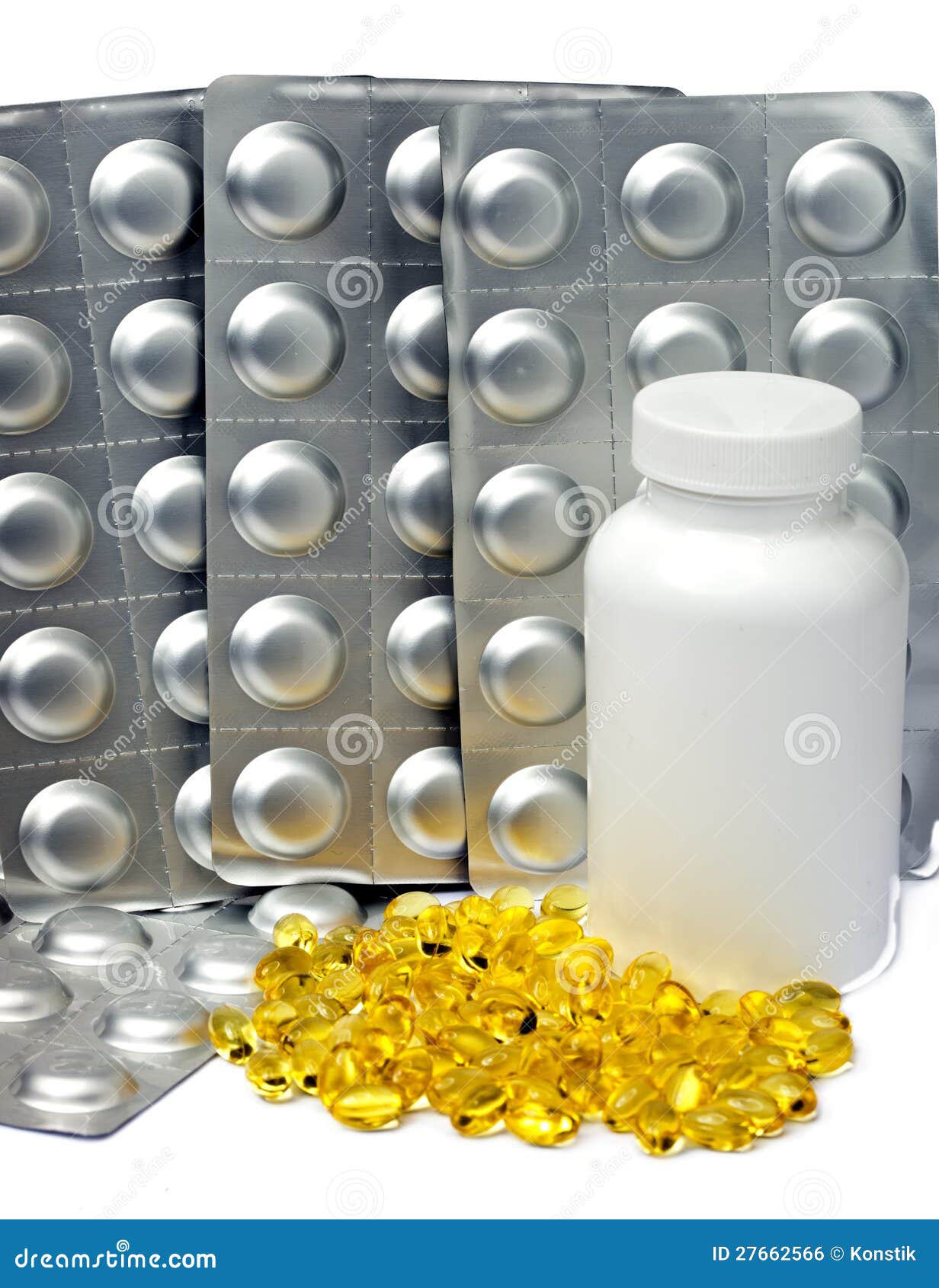 Yellow Liquid Capsules and Silvery Plates of Medic Stock Photo - Image ...