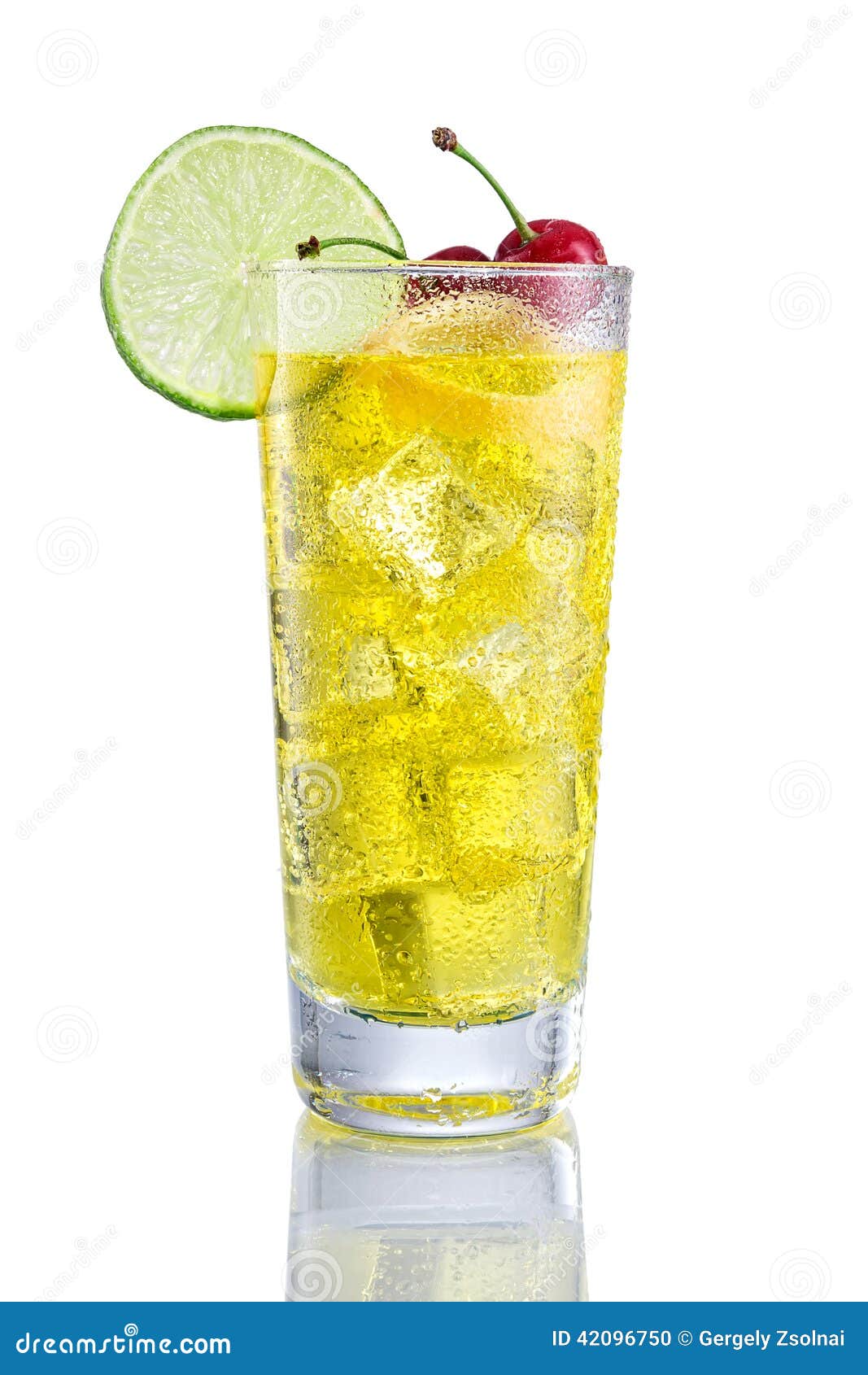 Yellow Long Cocktail with Lemon and Cherry Stock Photo - Image of mixed ...