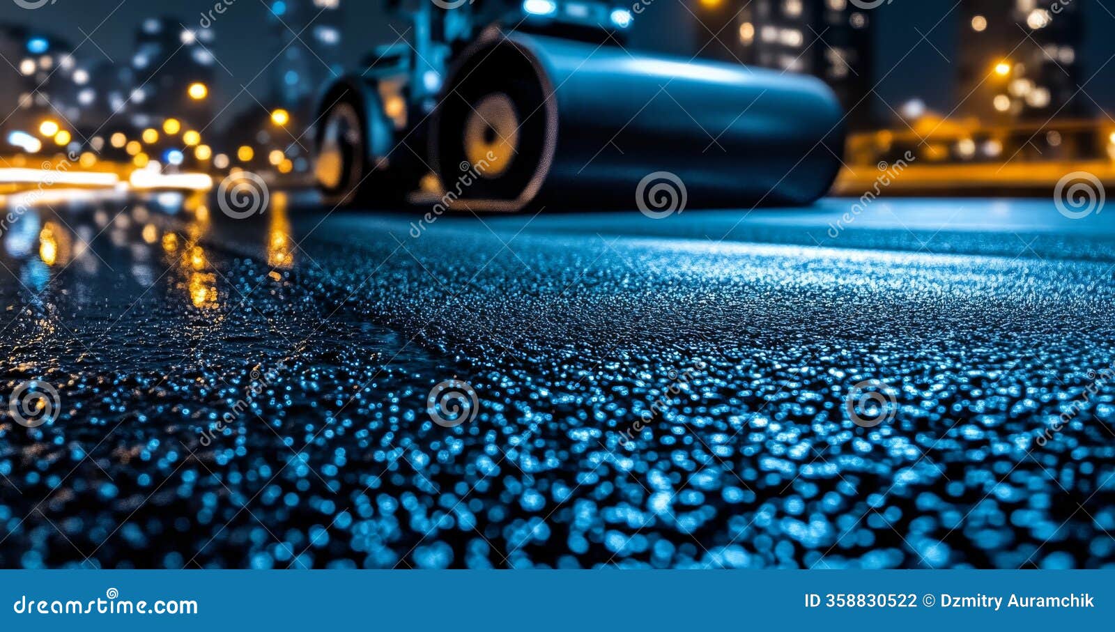 A Yellow Machine is Spreading a Black Substance on a Damp Road, while ...