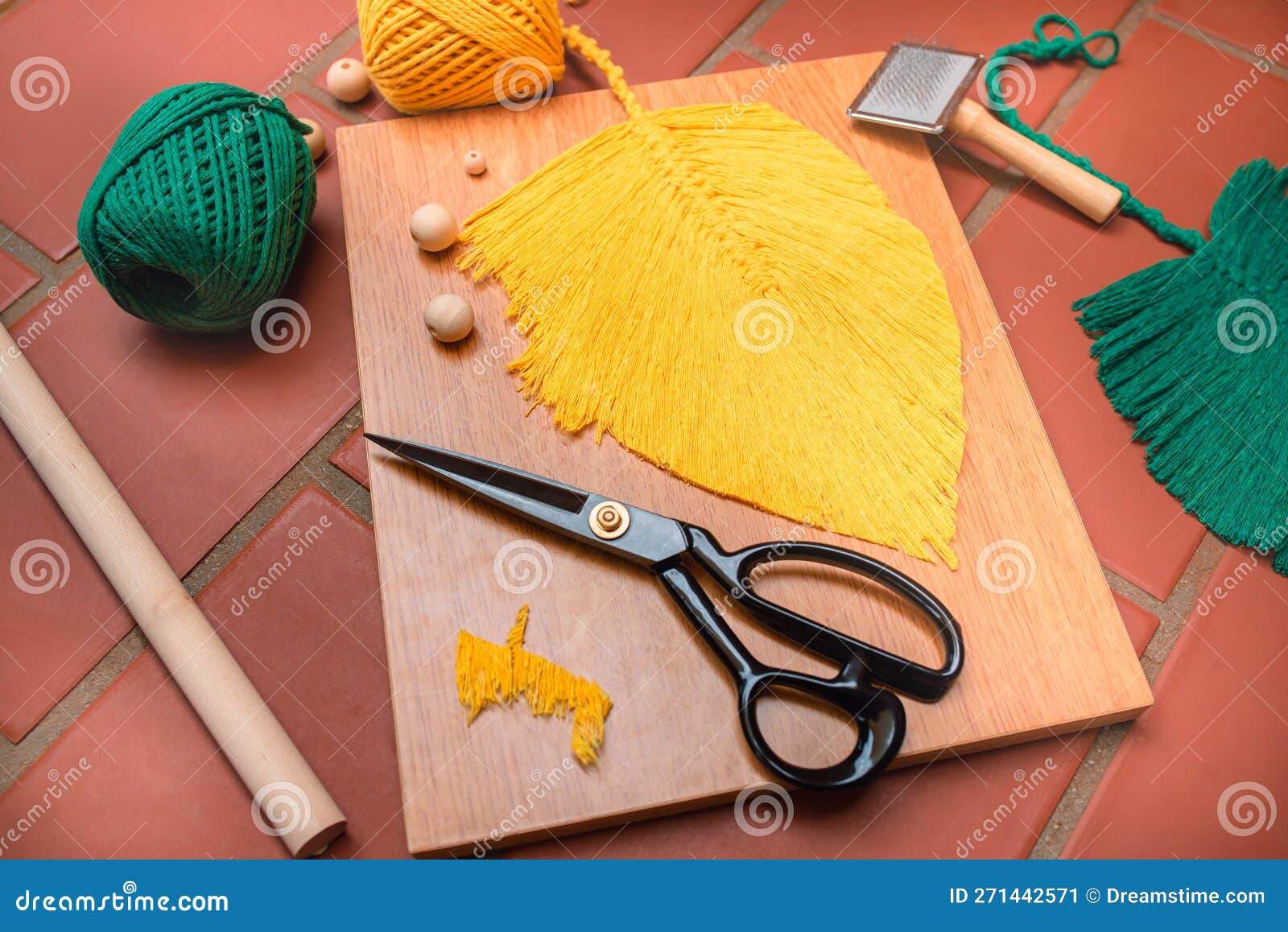 Yellow Macrame Leaf with Unshaped Side, Scissors and Wooden Beads ...