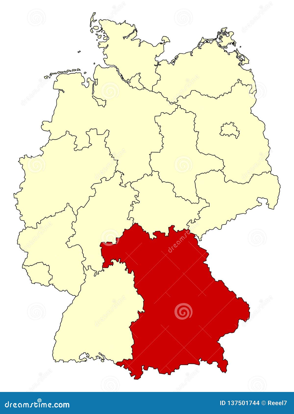 Yellow Map of Germany with Federal State Bavaria Isolated in Red. Stock ...