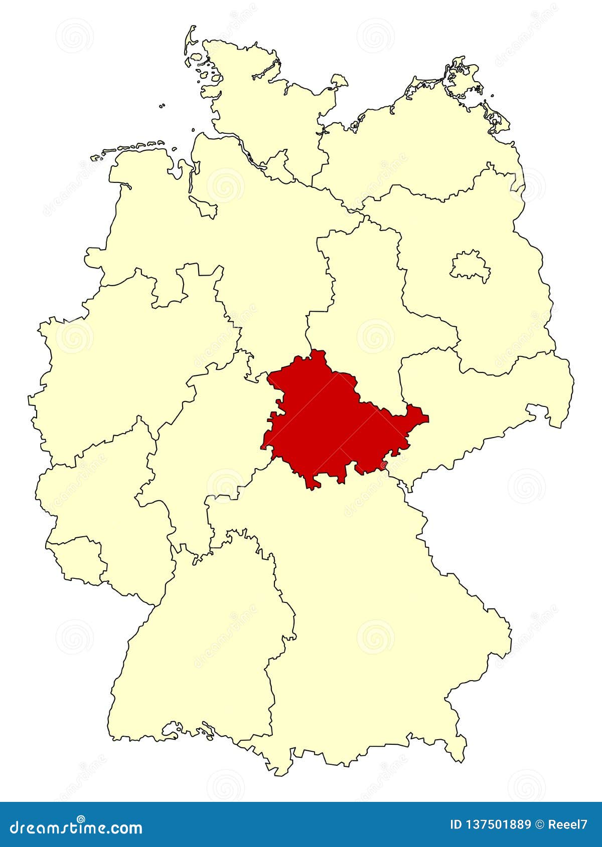 Yellow Map of Germany with Federal State Thuringia Isolated in Red ...