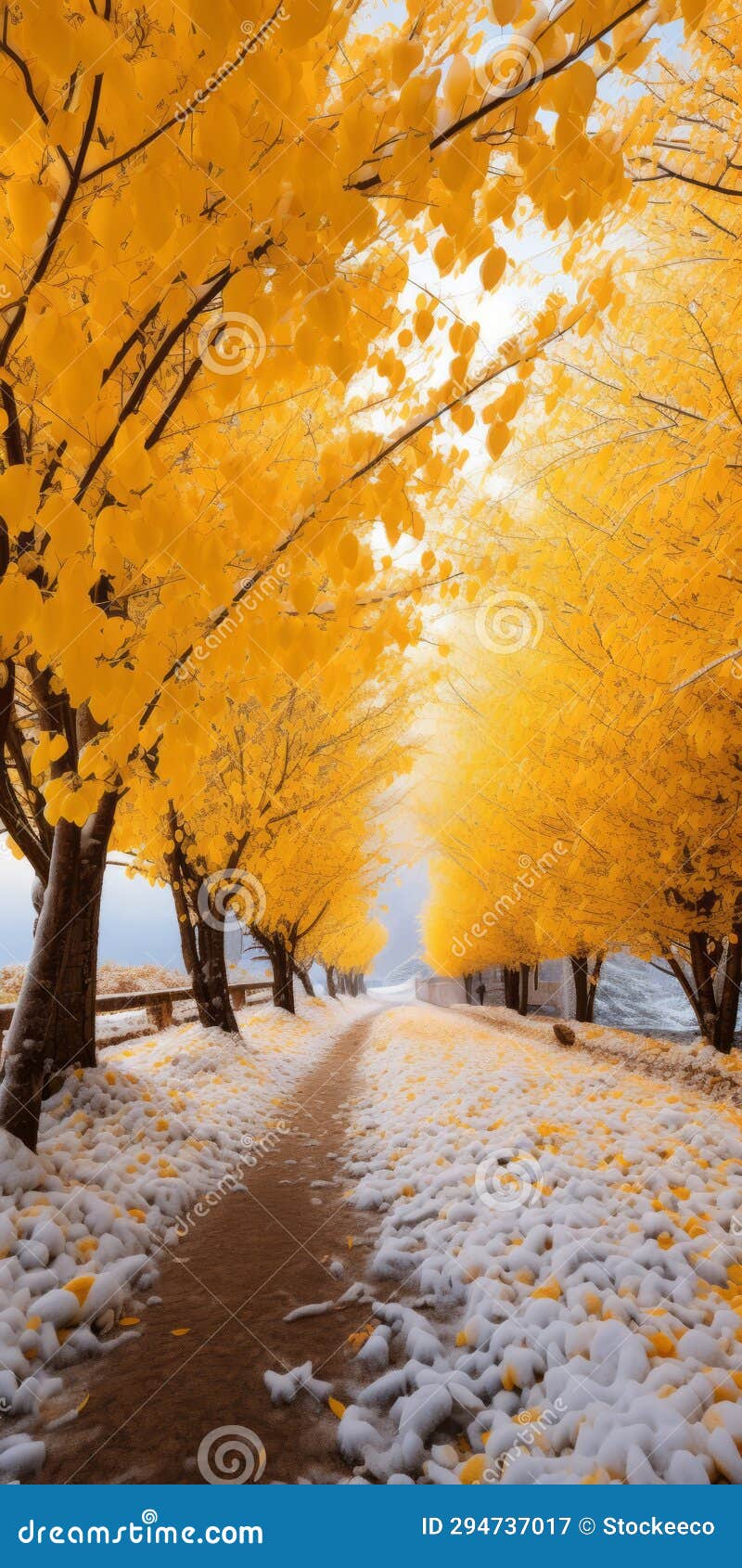 Japanese-inspired Autumn Landscape: Yellow Trees on Snowy Ground Stock ...