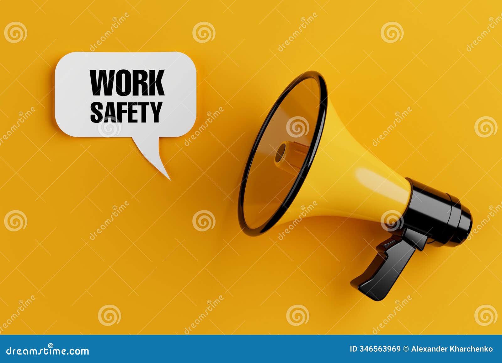 Yellow Megaphone with Work Safety Sign Speech Clouds Chat Bubble. 3d ...