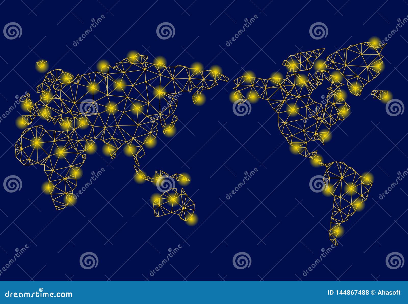 Yellow Mesh Wire Frame World Map with Flare Spots Stock Vector ...