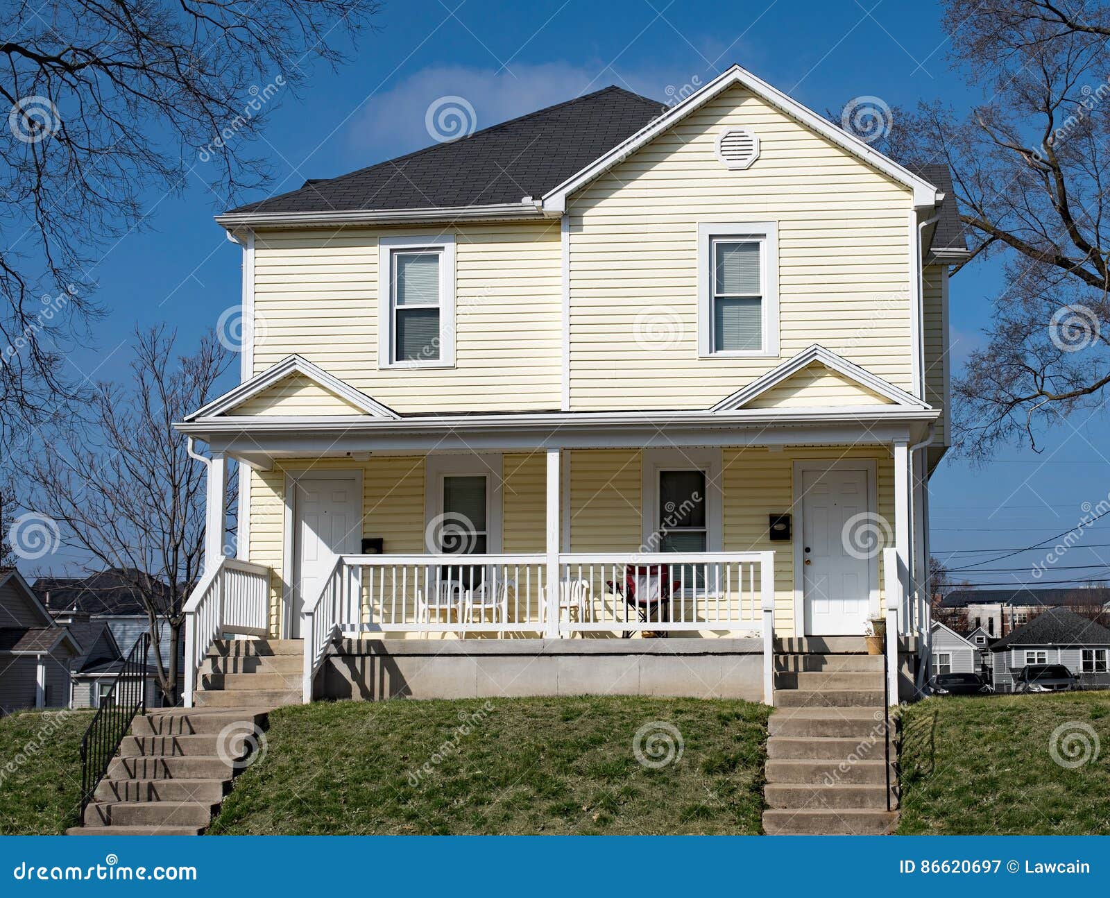 Yellow Midwest Duplex House Stock Image - Image of rail, porch: 86620697