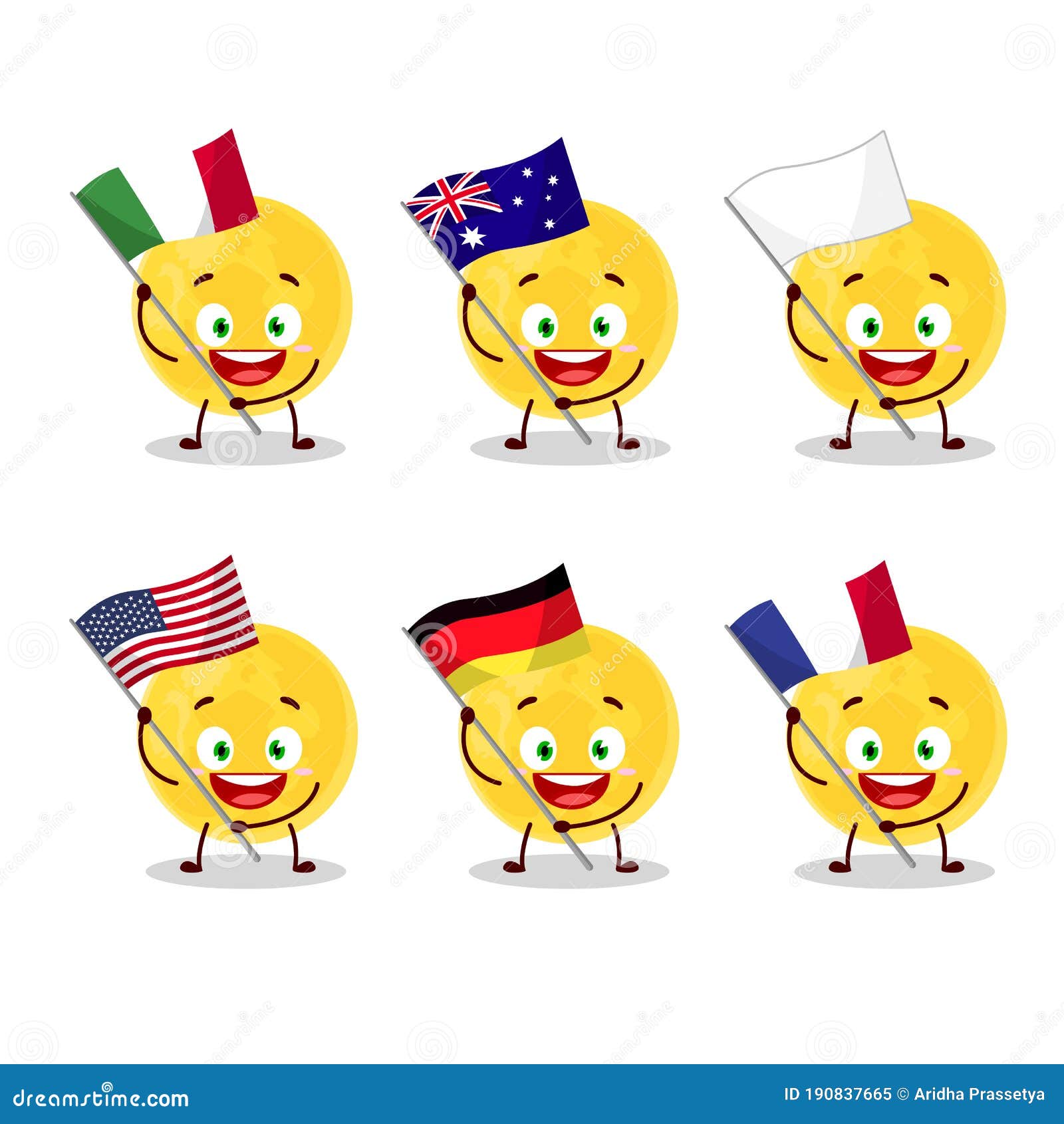 Yellow Moon Cartoon Character Bring the Flags of Various Countries ...