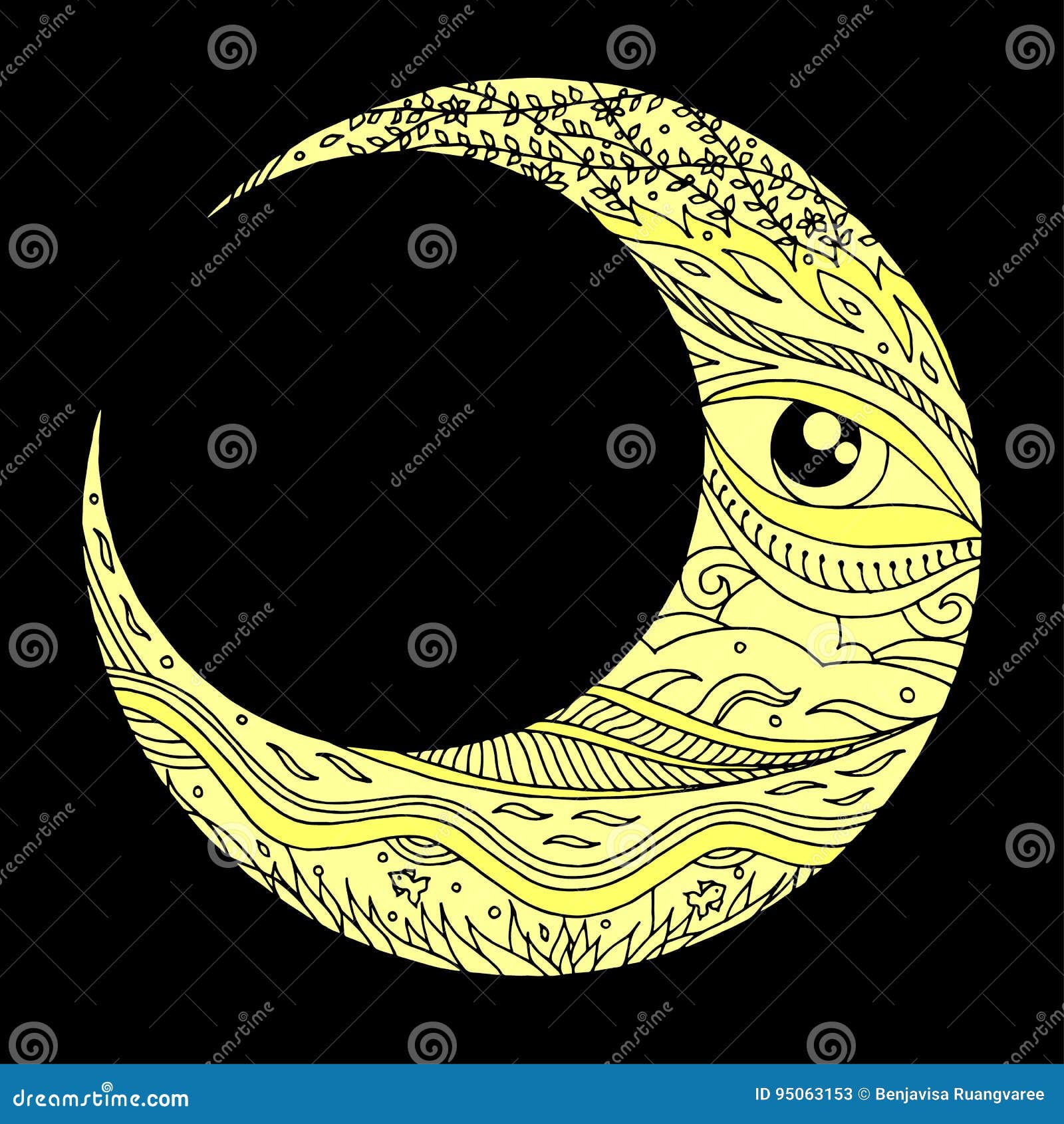 Yellow Moon in Dark Night Hand Drawing Vector Zentangle Illustration ...