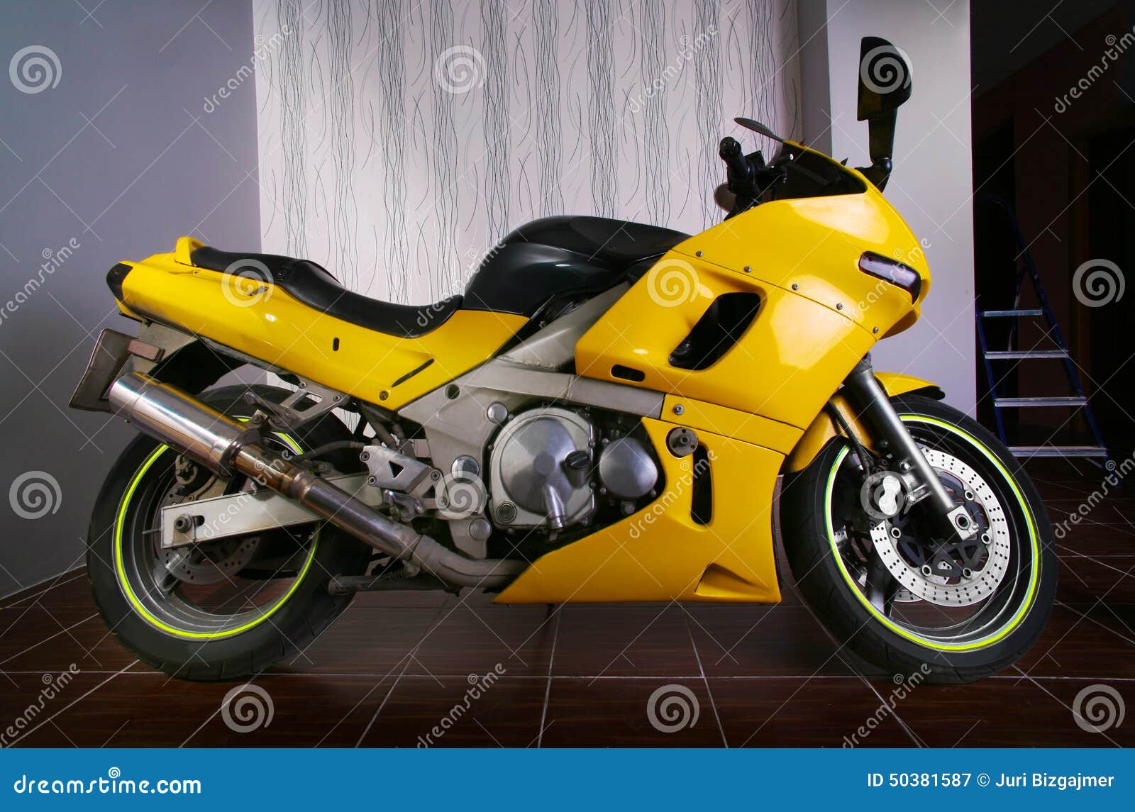 Yellow Motorcycle in Garage Stock Image - Image of motorbike, garage ...