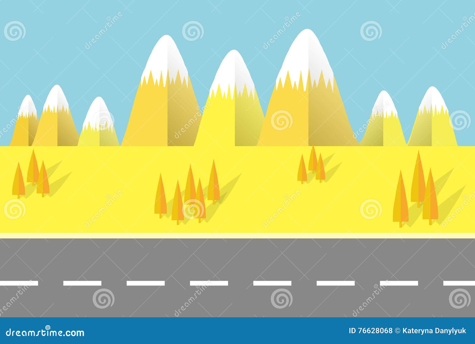 Yellow Mountain and Grey Highway, Orange Color Trees, Flat Design Stock ...