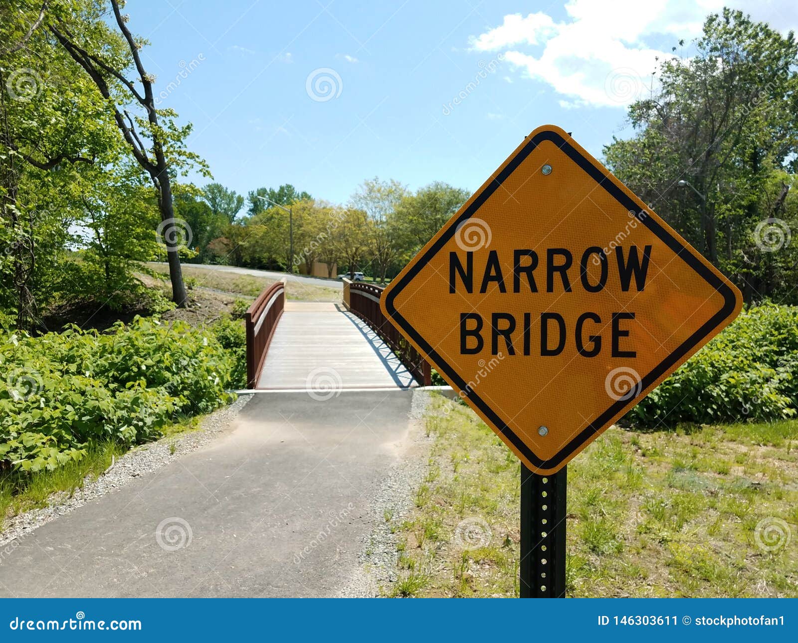 Yellow Narrow Bridge Sign with Bridge or Path and Trees Stock Image ...