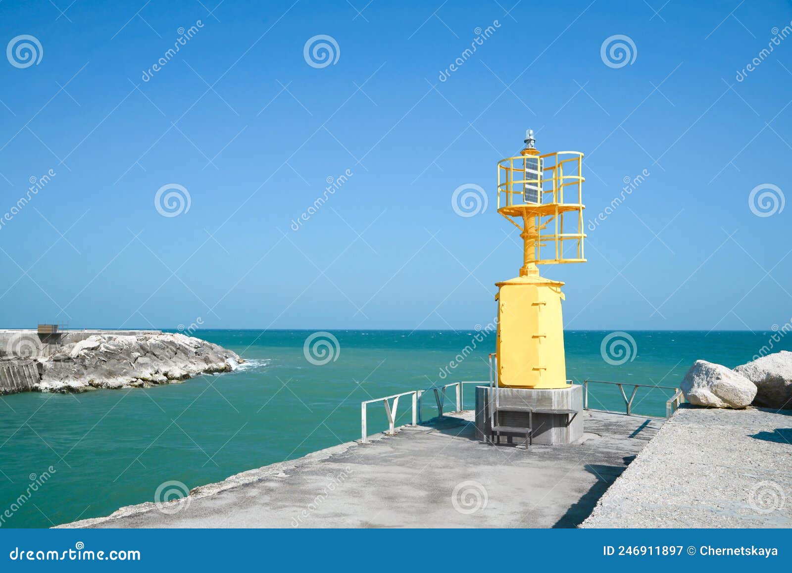 Yellow Navigational Aid Beacon with Solar Battery on Pier Stock Image ...