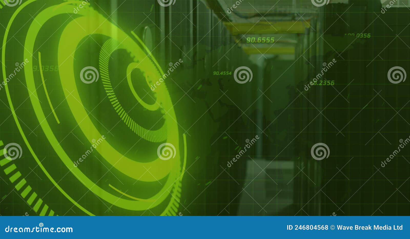 No People Yellow Neon Glowing Round Scanner Multiple Number Floating Computer Server Room Global ...