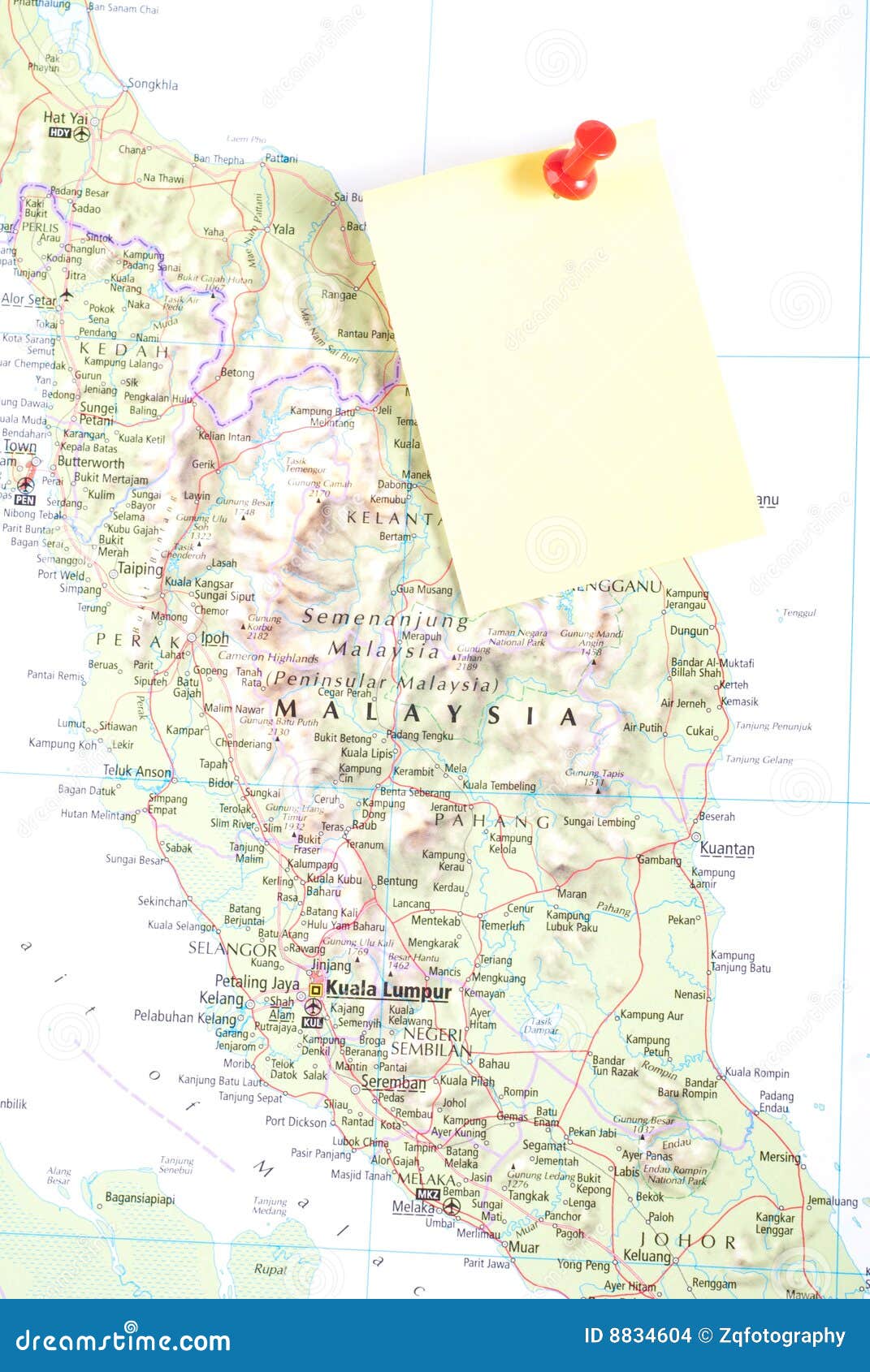 Yellow Note and Red Pin on Map Stock Photo - Image of mark, close: 8834604