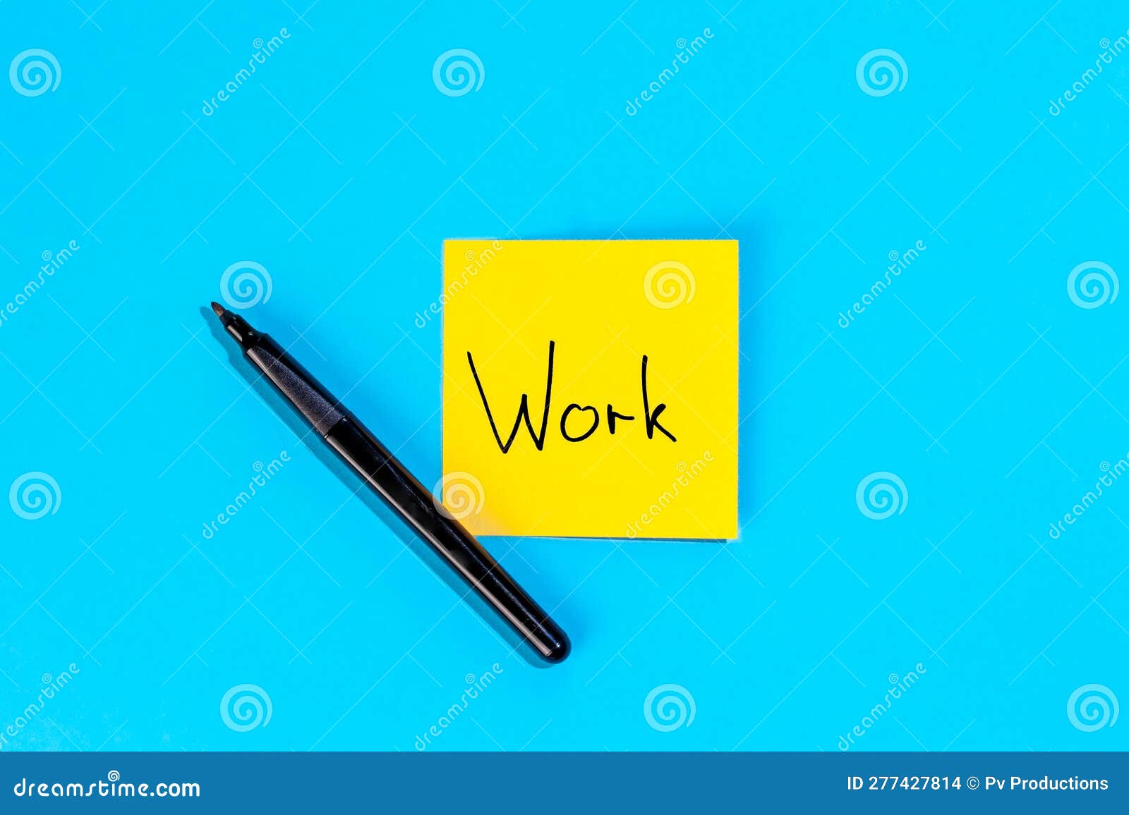 Yellow Note with Word Work and Marker on Blue Background, Flat Lay ...