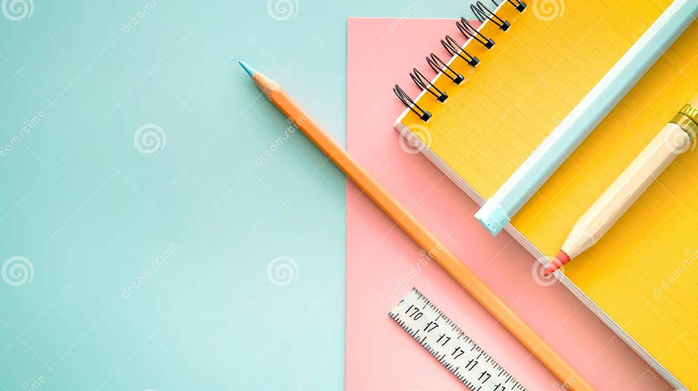 A Yellow Notepad, Ruler, and Pencil Rest on a Blue and Pink Surface ...
