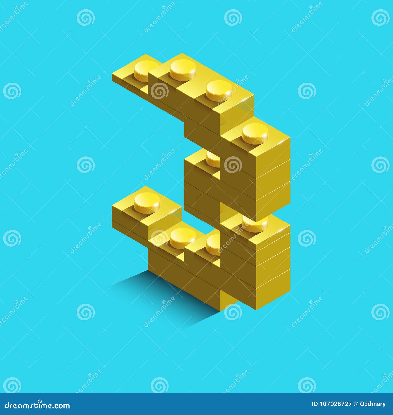 Yellow Number Three from Constructor Lego Bricks on Blue Background. 3d ...
