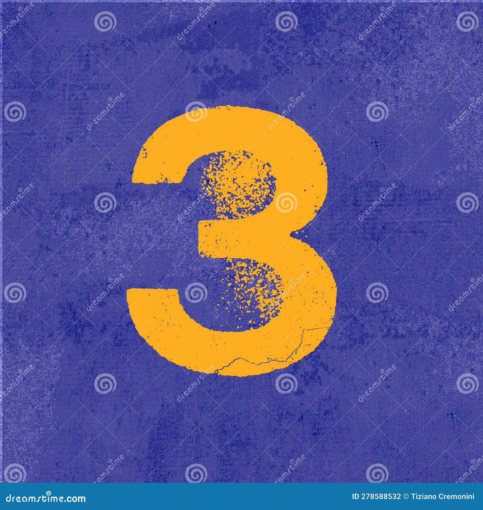 Yellow Number Three with Scratched Effect on a Blue Grunge Background ...