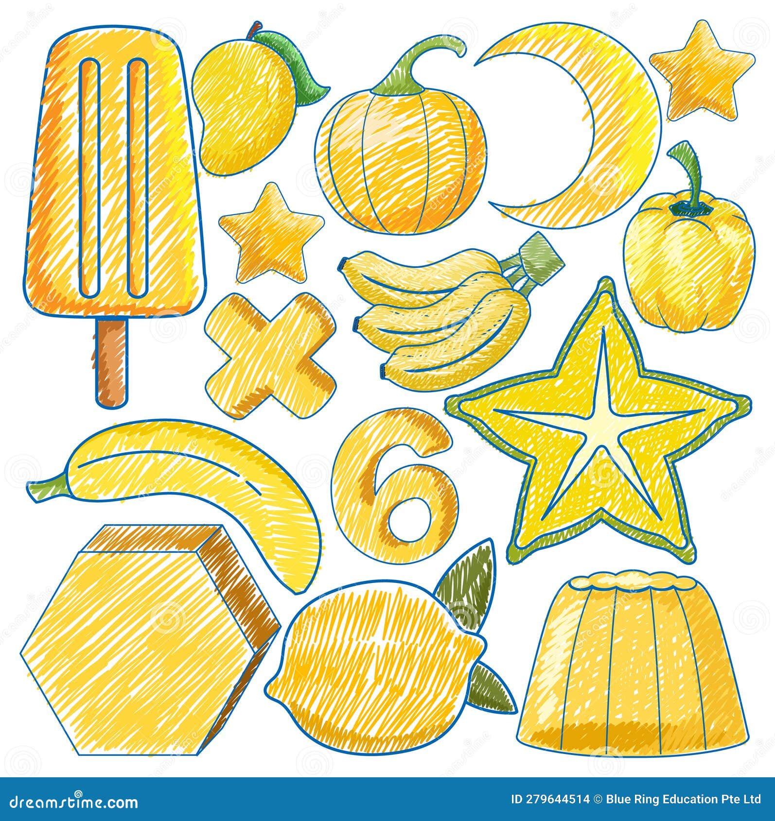 Yellow Objects in Pencil Colour Sketch Simple Style Stock Vector ...
