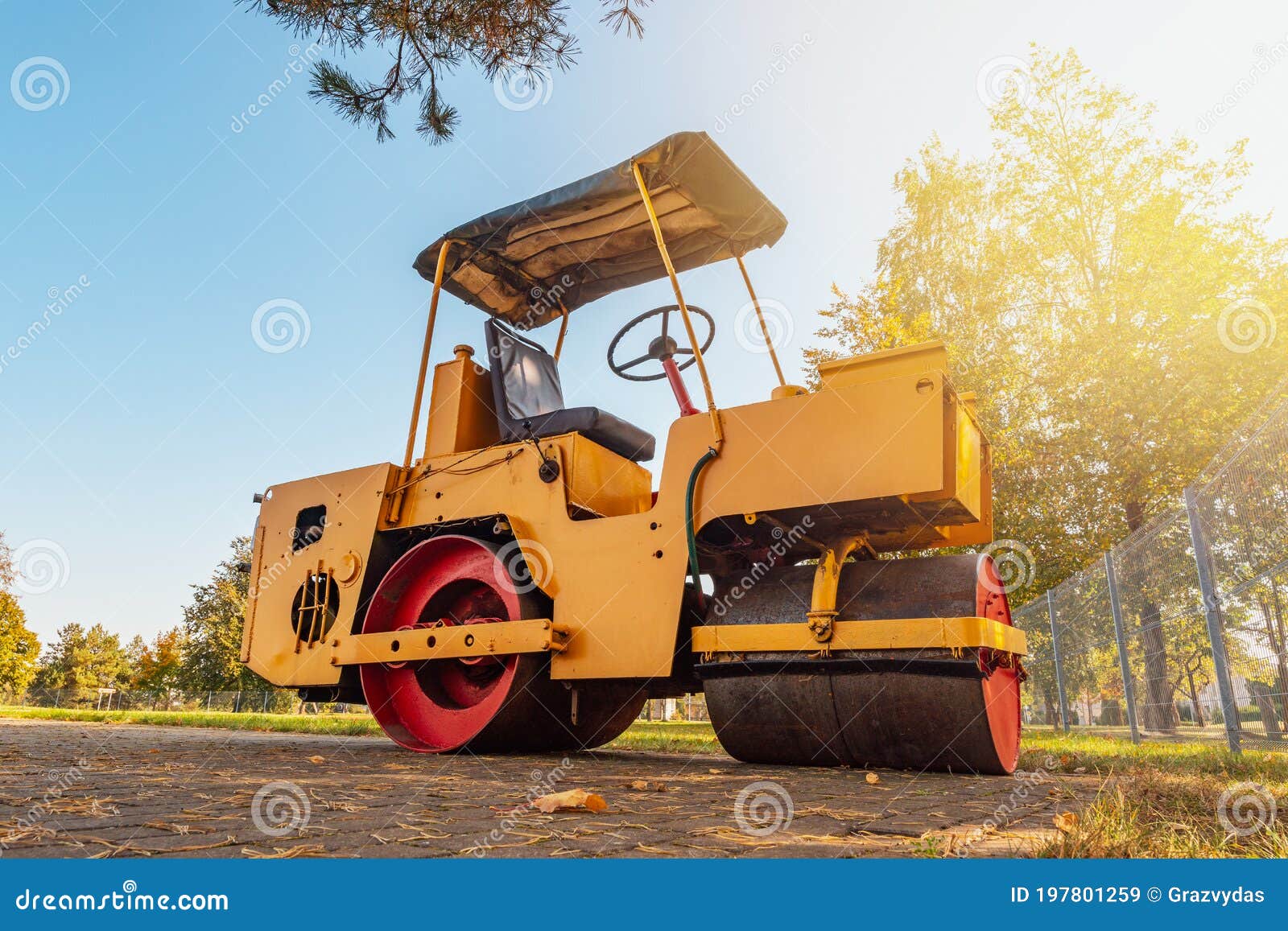 Yellow old road roller stock image. Image of roller - 197801259