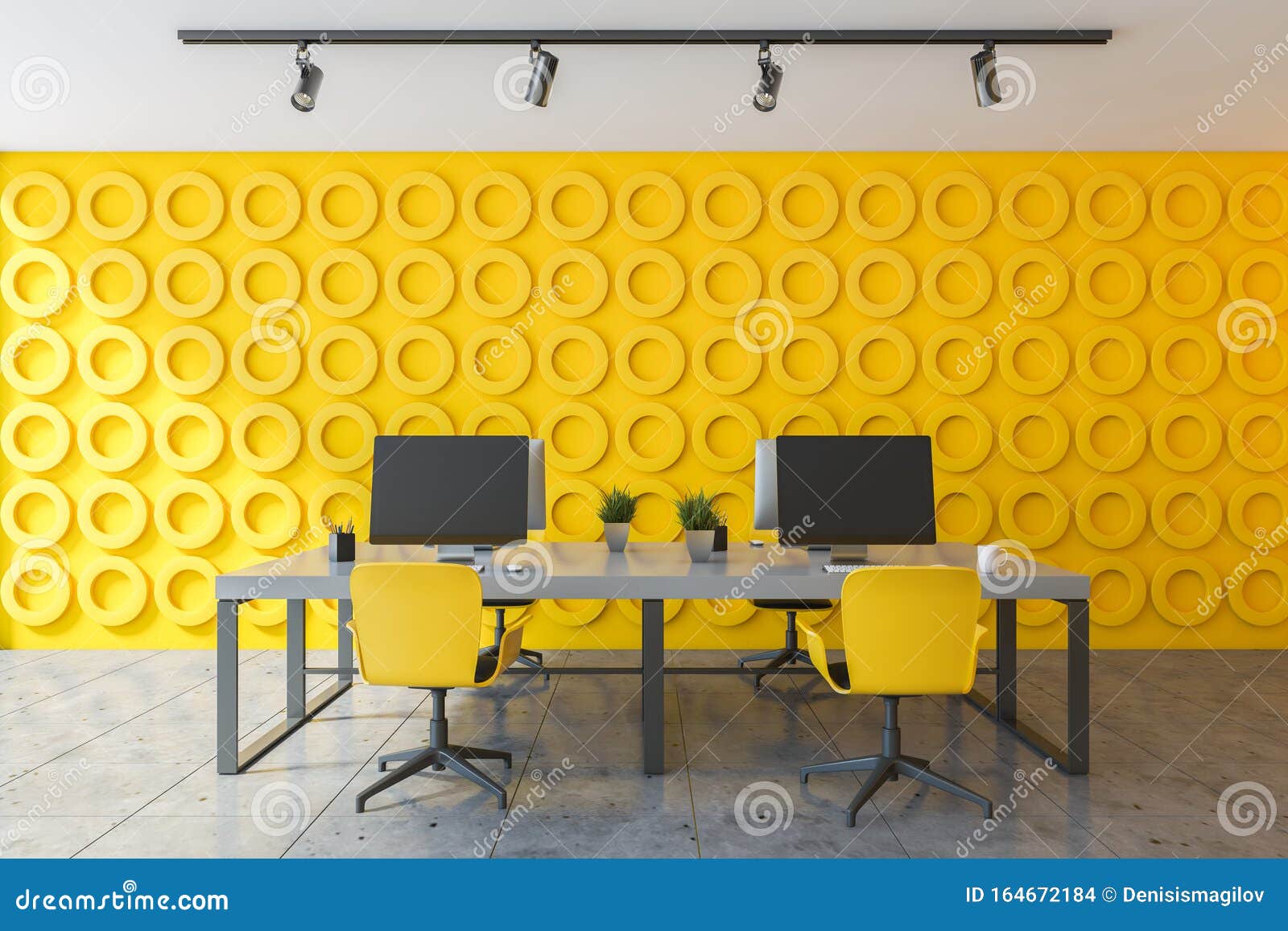 Yellow Open Space Office Interior Stock Illustration - Illustration of ...
