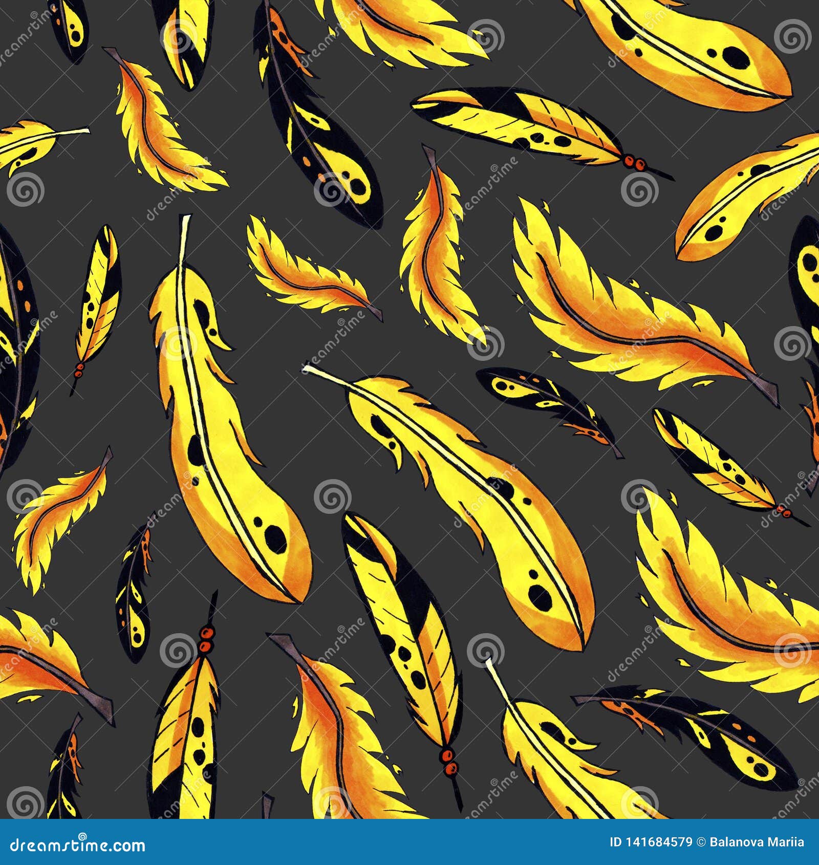 Yellow and Orange Feathers Seamless Pattern. Colorful Bird Feathers ...