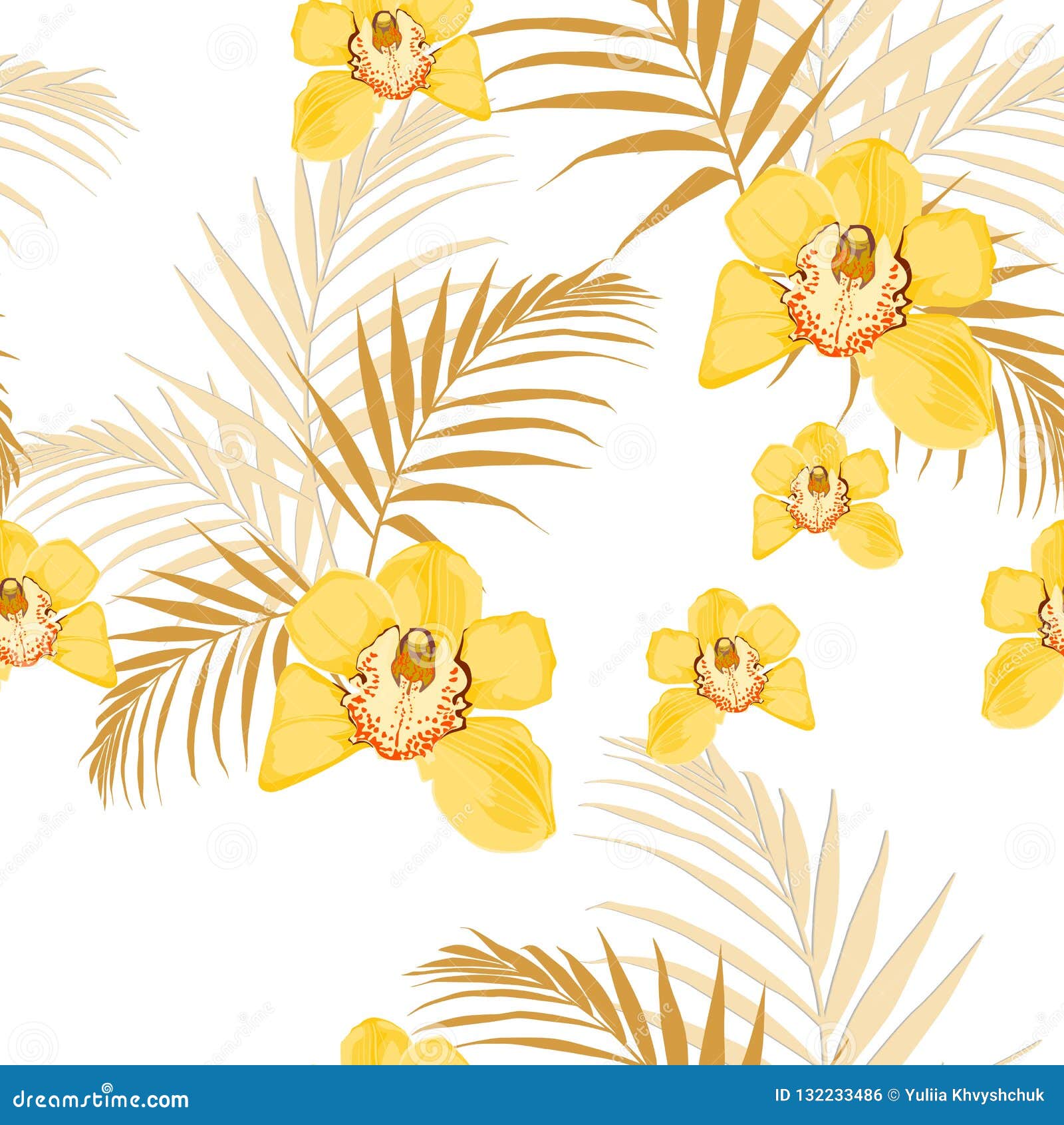 Yellow Orchids, Exotic Yellow Tropical Leaves. Seamless Pattern Stock ...