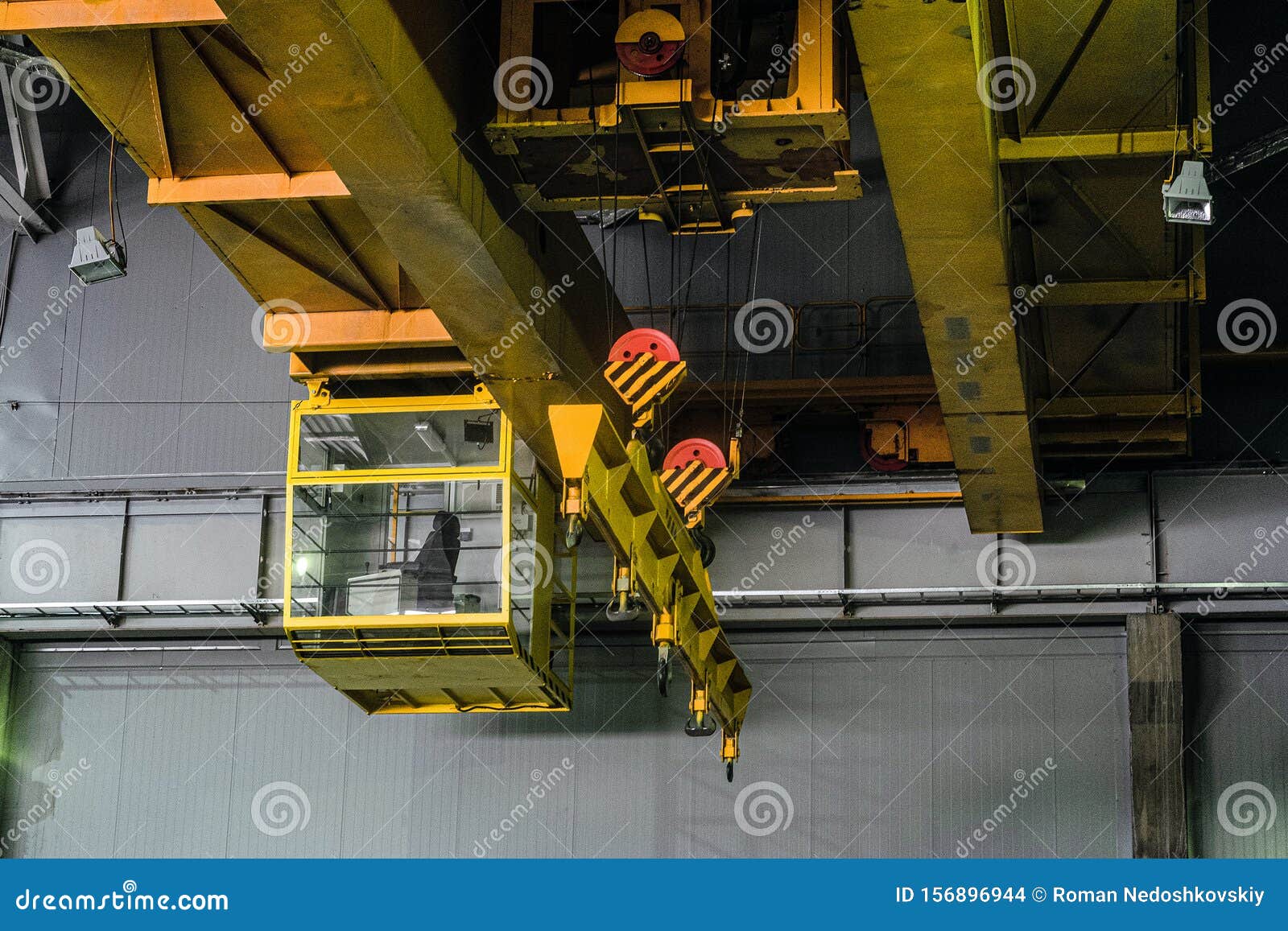 Yellow Overhead Crane with Linear Traverse and Hooks in Engineering ...