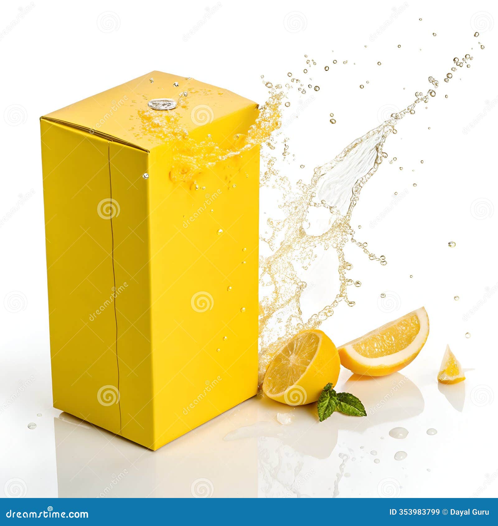 Yellow Packaging Box with Splash Isolated on White Background Stock ...