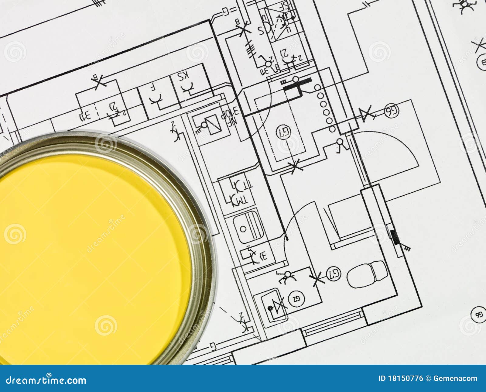 Yellow Paintcan and Blueprint Stock Photo - Image of view, indoors ...