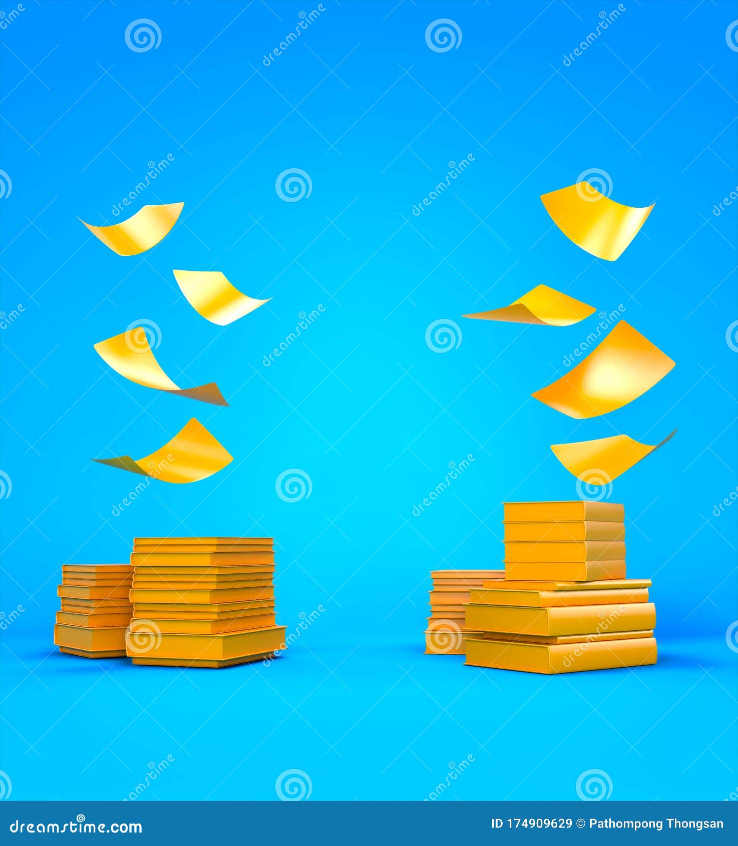 The Yellow Paper Falling Onto the Stack of Books with Blue Background ...