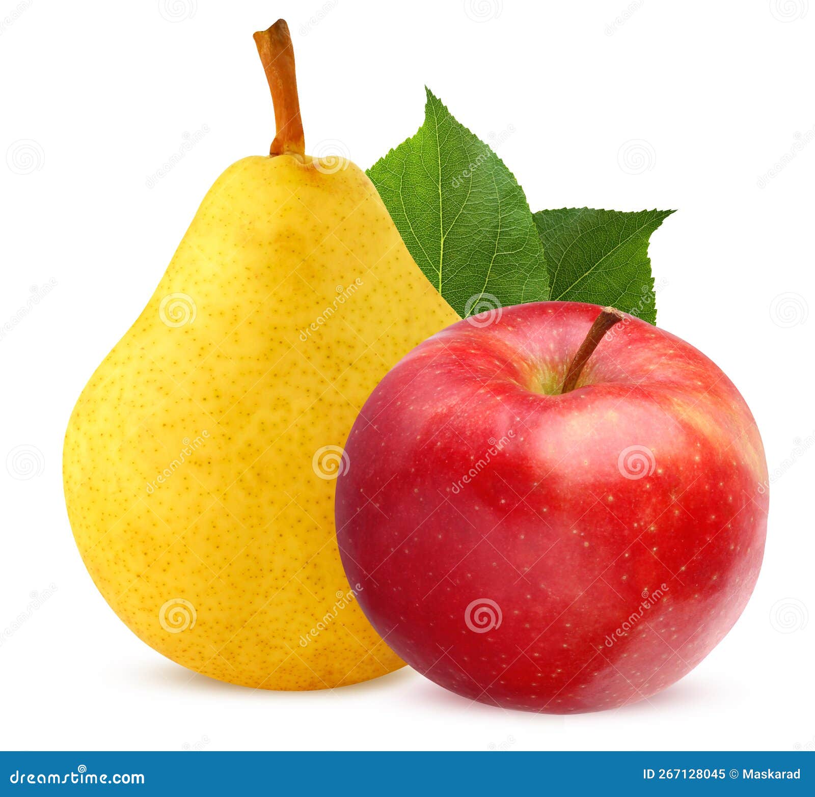 Yellow Pear and Red Apple with Leaves Isolate on a White Background ...