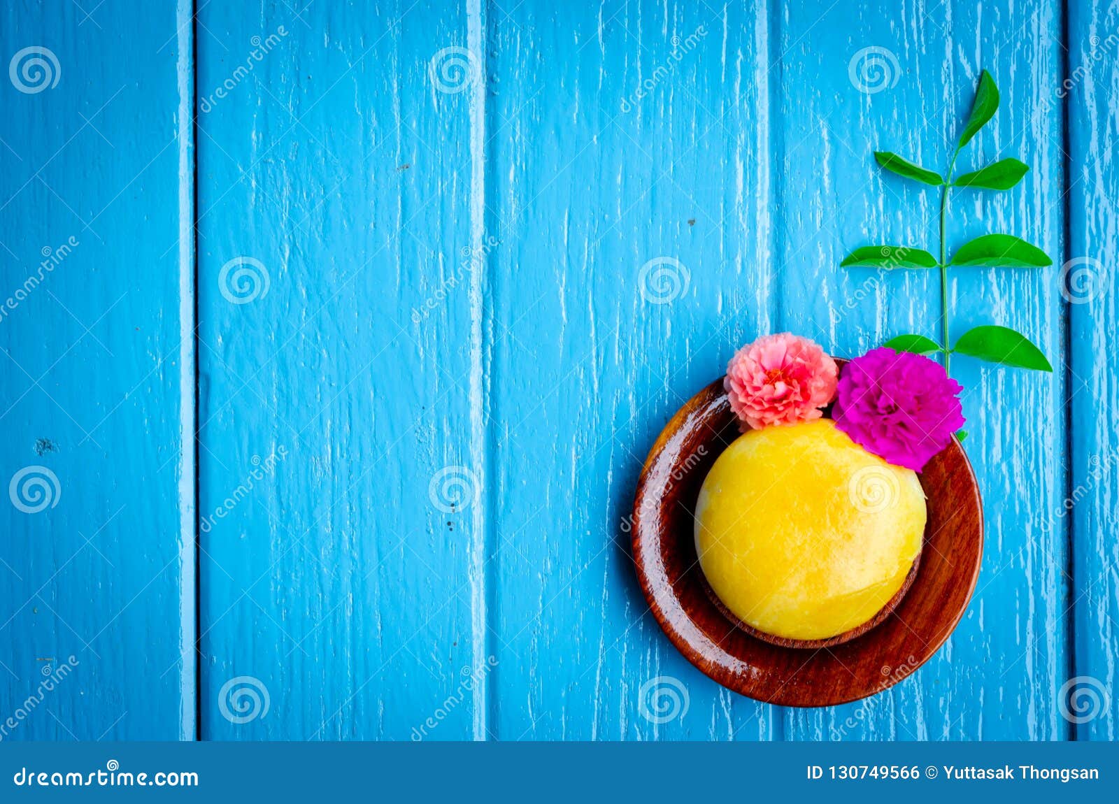 Yellow Pie on Blue Background,top View ,break Time,empty Space. Stock ...
