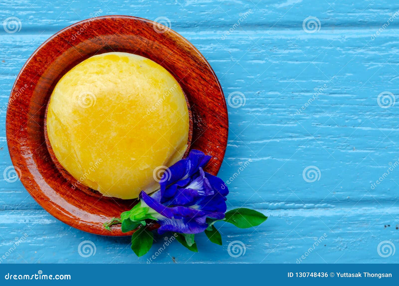 Yellow Pie on Blue Background,top View ,break Time,empty Space. Stock ...