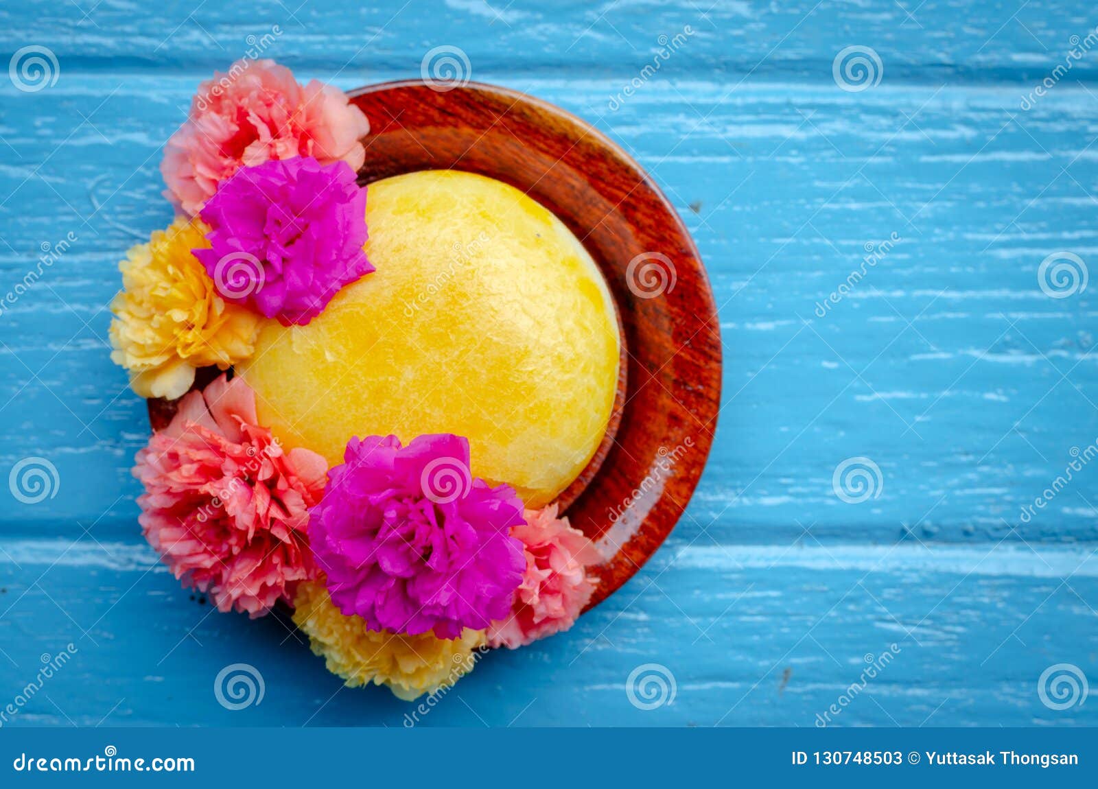 Yellow Pie on Blue Background,top View ,break Time,empty Space. Stock ...