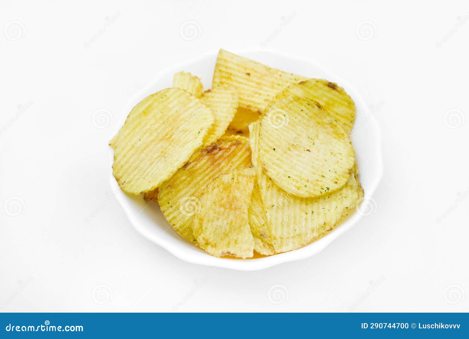 Yellow Pieces of Fried Potatoes in a Plate. Salted Chips on a White ...