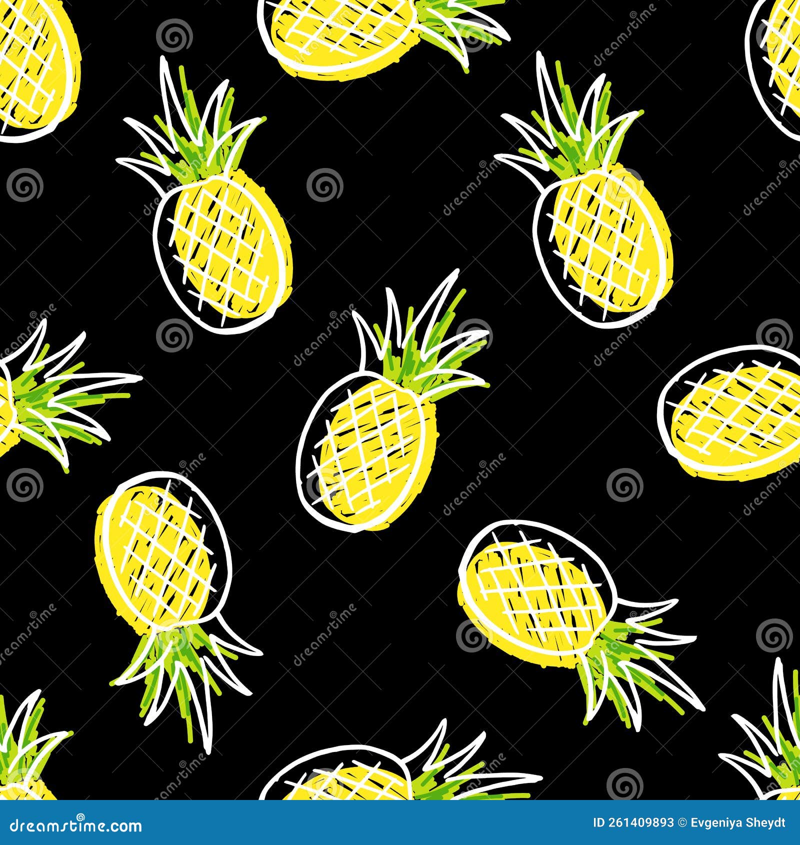 Yellow Pineapple Cartoon Character Seamless Pattern on Black Background. Stock Vector ...