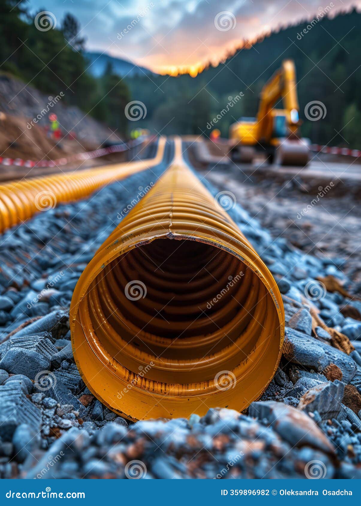 Yellow Pipeline Installation at a Construction Site during Sunset ...